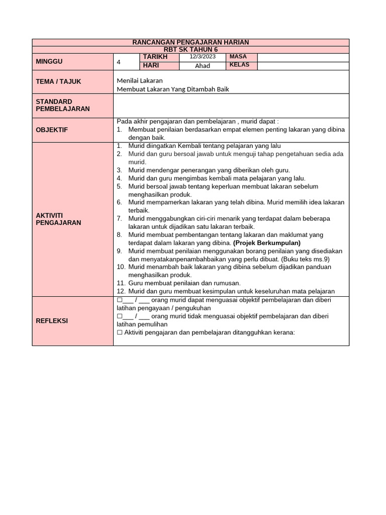 RPH Ringkas Minggu 4 RBT THN 6 2023 | PDF