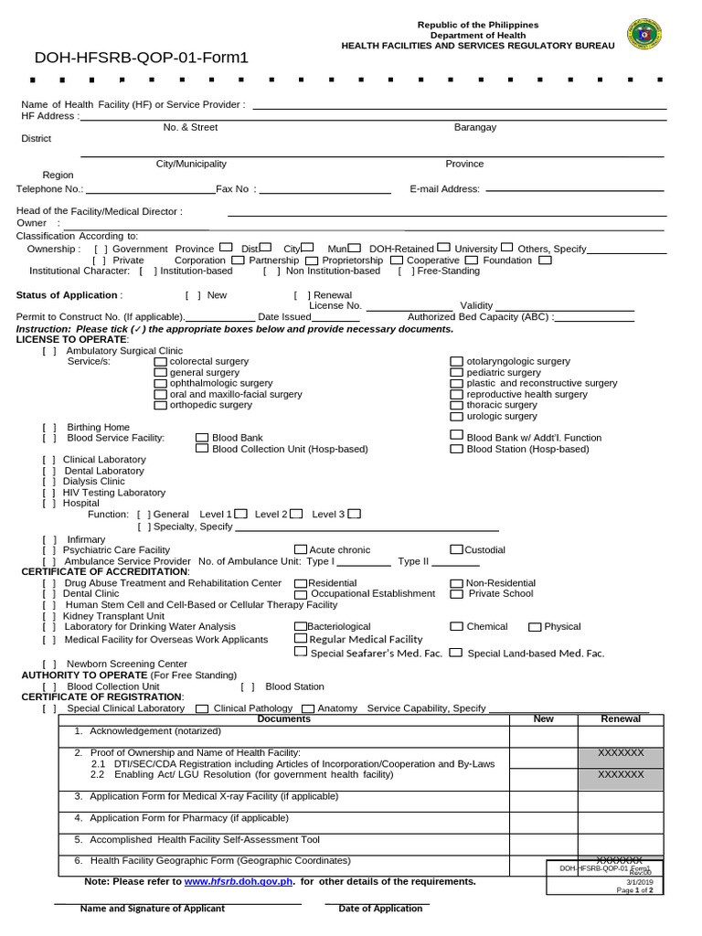 DOH HFSRB Form 1 Application Guide | PDF | Surgery | Hospital