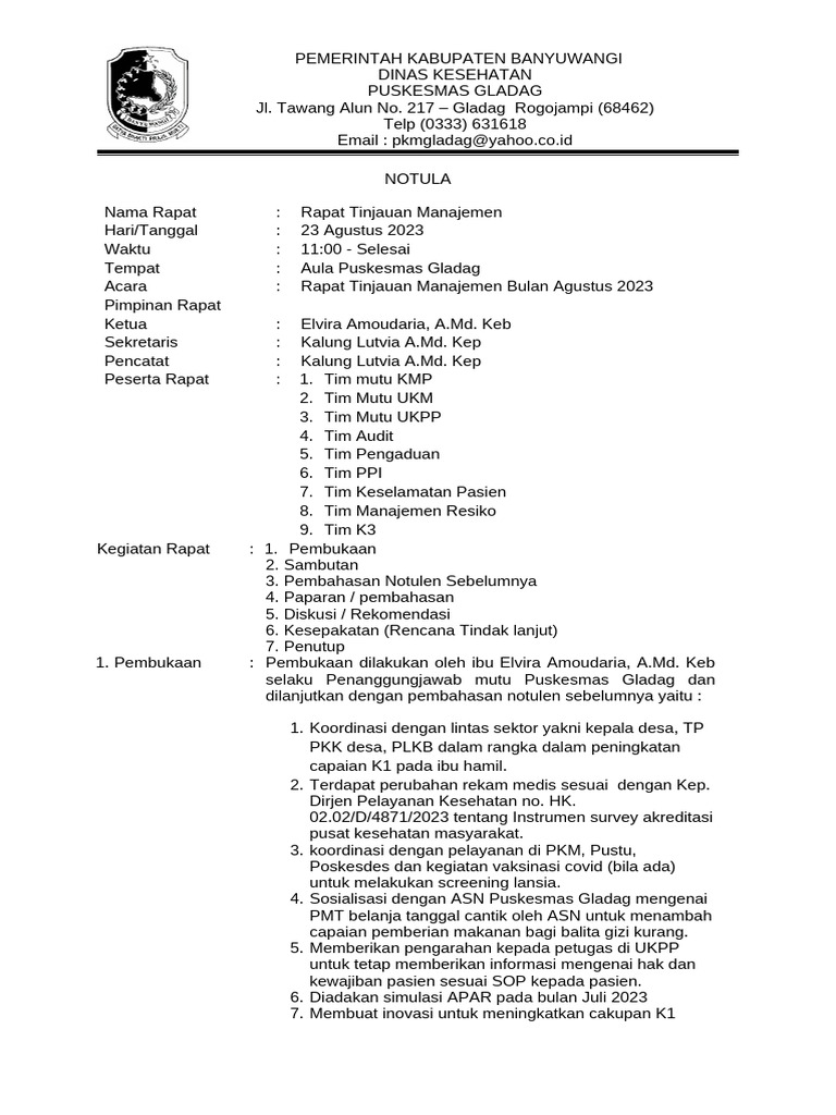 Notulen RTM Agustus | PDF