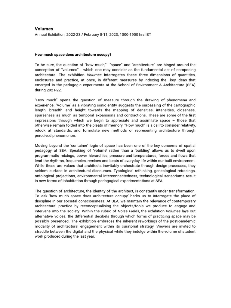 Volumes Exhibition - Curatorial Note | PDF | Space | Volume