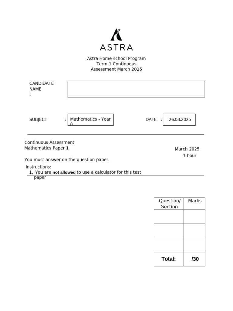 Year 8 Mathematics Assessment March 2025 | PDF | Numbers | Prime Number