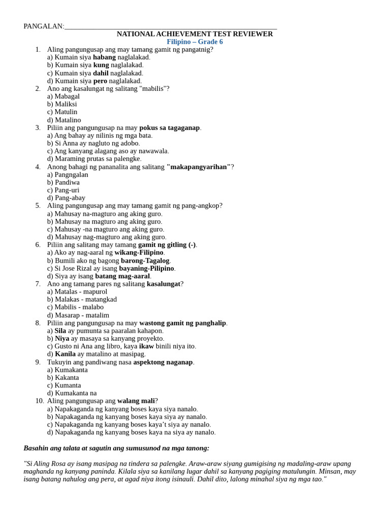 Filipino Nat6 Reviewer | PDF