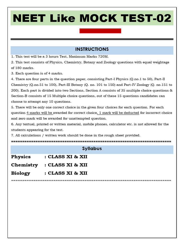 MOCK TEST-2 (200MCQS) QP | PDF | Mitochondrion | Force