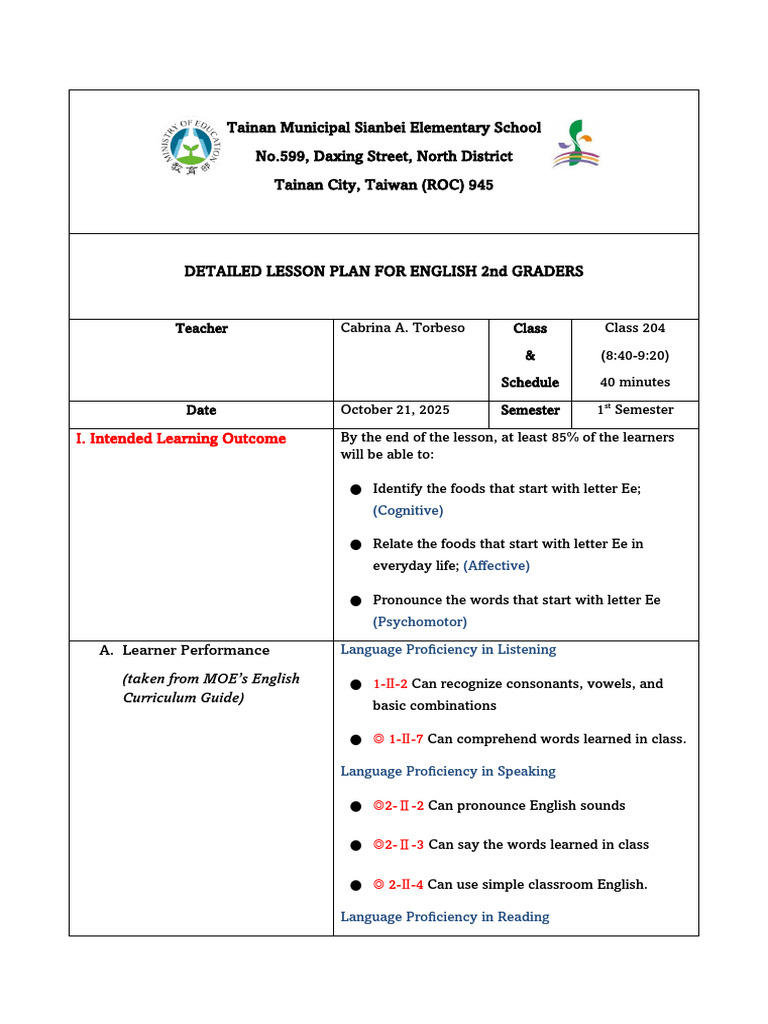 Letter Ee Lesson Plan For 3RD Graders | PDF | English Language | Learning