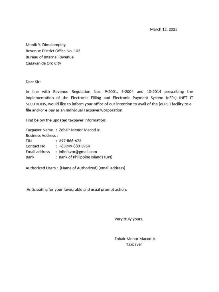 letter for EFPS SAMPLE | PDF