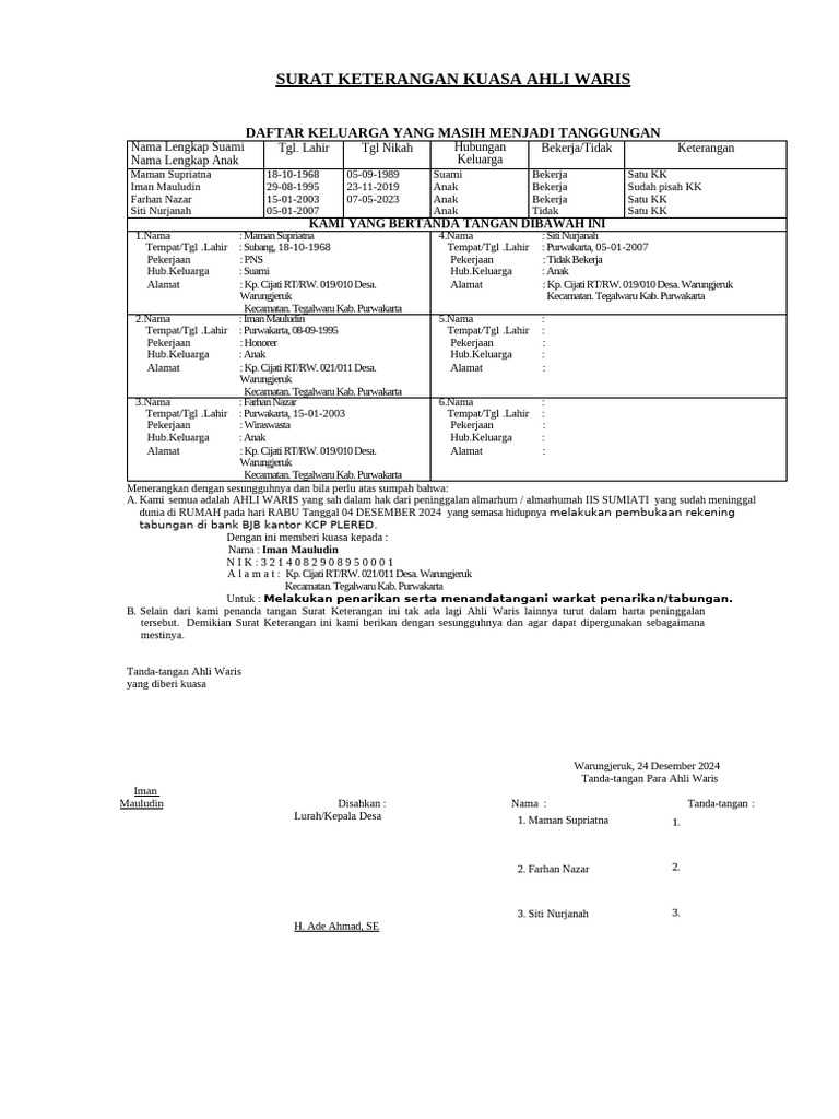 Surat Kuasa Ahli Waris Imeng | PDF