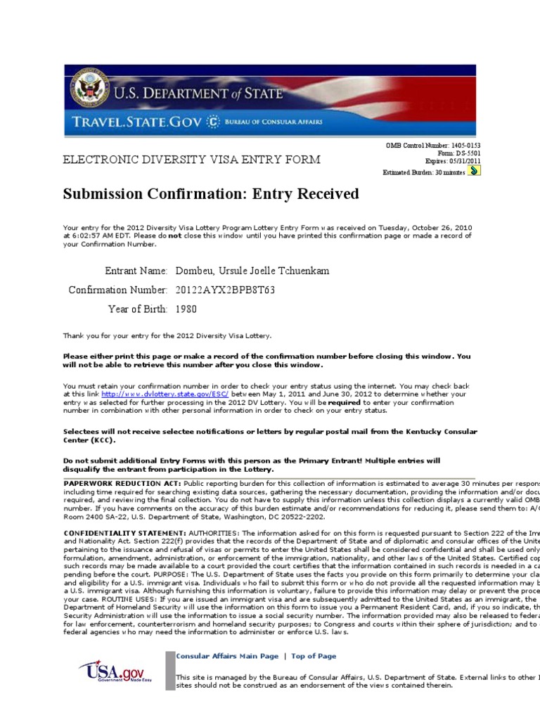 Entry Confirmation and Instructions for the 2012 Diversity Visa Lottery ...