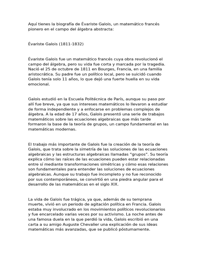 Biografía de Évariste Galois | PDF