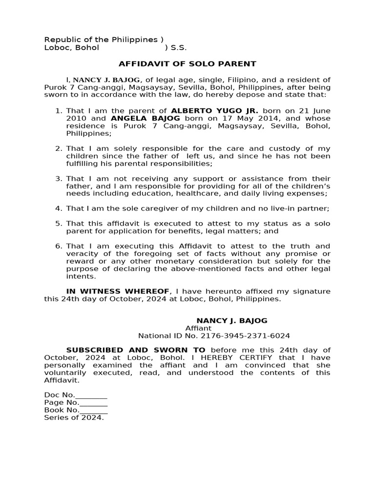 Affidavit of Solo Parent-SINGLE MOTHER | PDF
