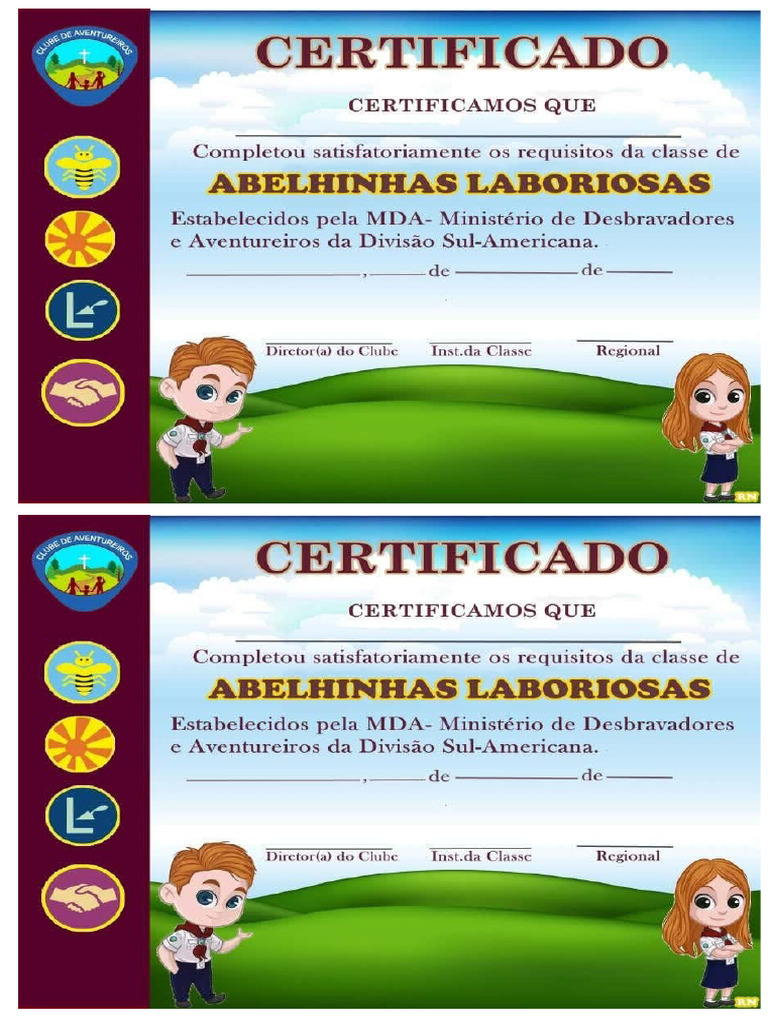 certificados abelhinhas luminares edificadores e maos | PDF