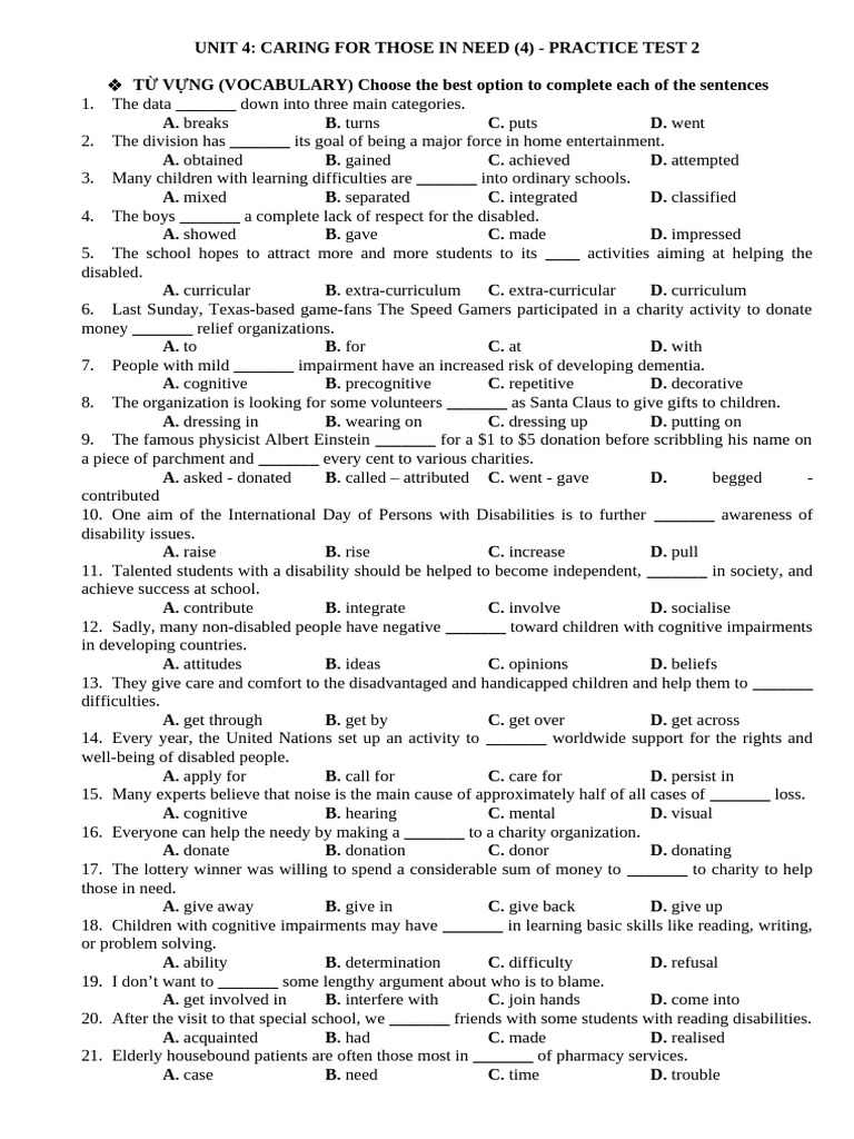 E11 - UNIT 4 (4) practice test 2 đề | PDF | Agent Orange | Disability