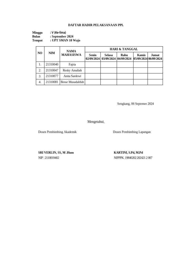 Daftar Hadir PPL September 2024 | PDF