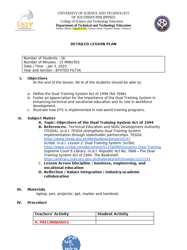 Dual Training System Lesson Plan | PDF | Learning | Cognition