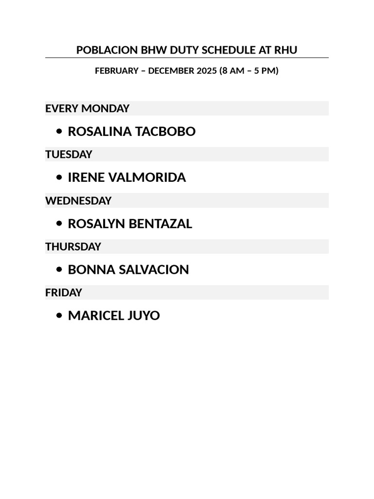 Poblacion Bhw Duty Schedule at Rhu | PDF