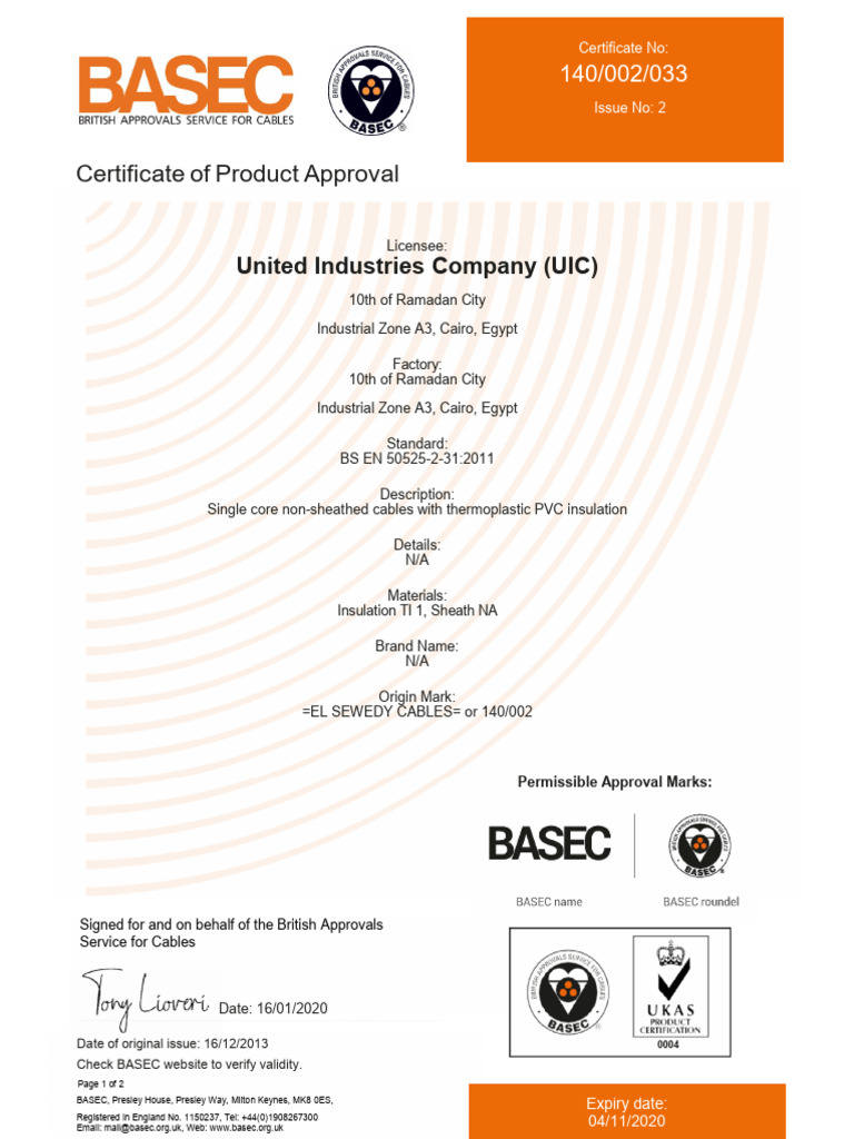 Product Approval Certificate for Cables | PDF | Electrical Engineering ...