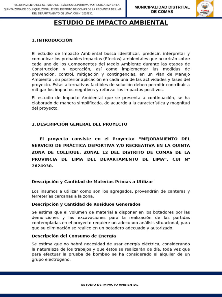 Impacto Ambiental en Comas: Proyecto Deportivo | PDF | Evaluación de ...