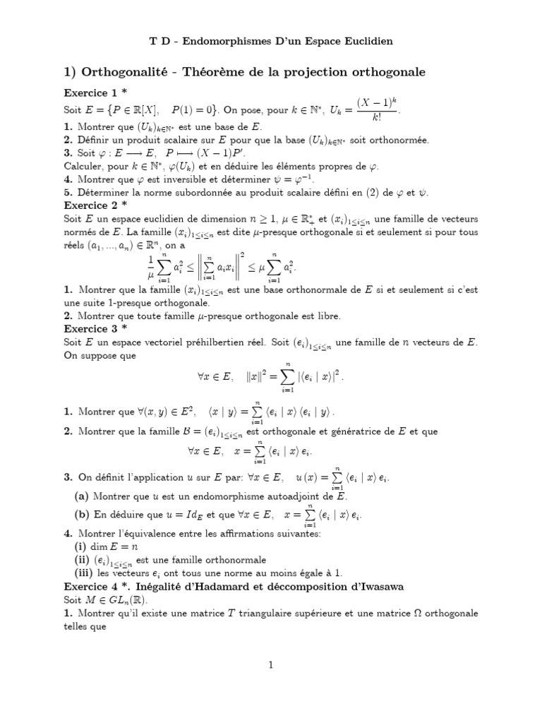 Endomorphismes et Orthogonalité en Espace Euclidien | PDF | Base ...