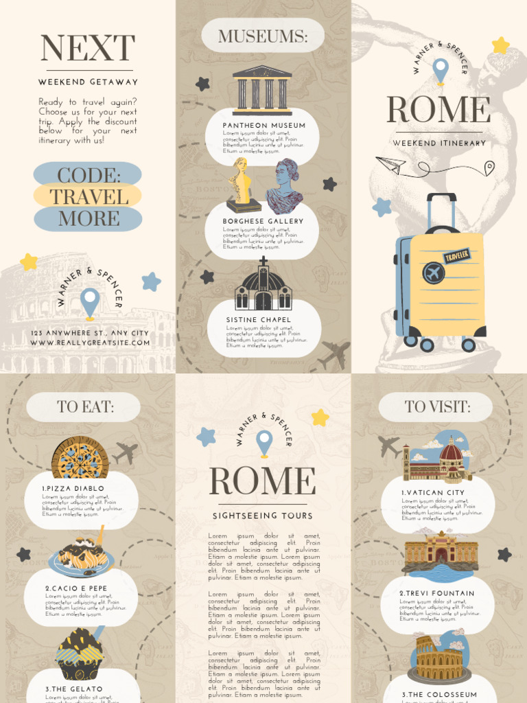 Blue and Beige Illustrative Trend Style Rome Weekend Itinerary Travel ...