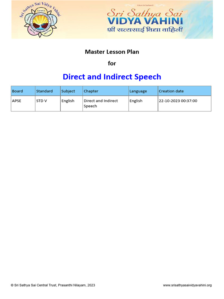 Lesson Plan for Direct and Indirect Speech | PDF | Lesson Plan | Learning