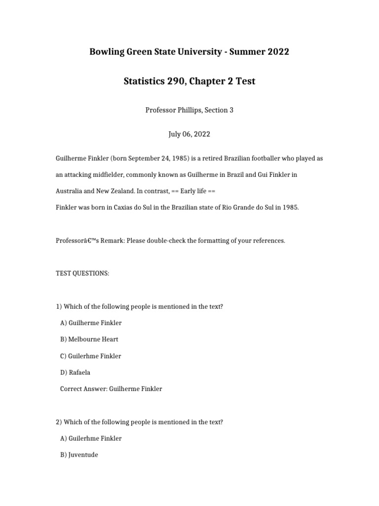 Statistics 290 Chapter 2 Test | PDF
