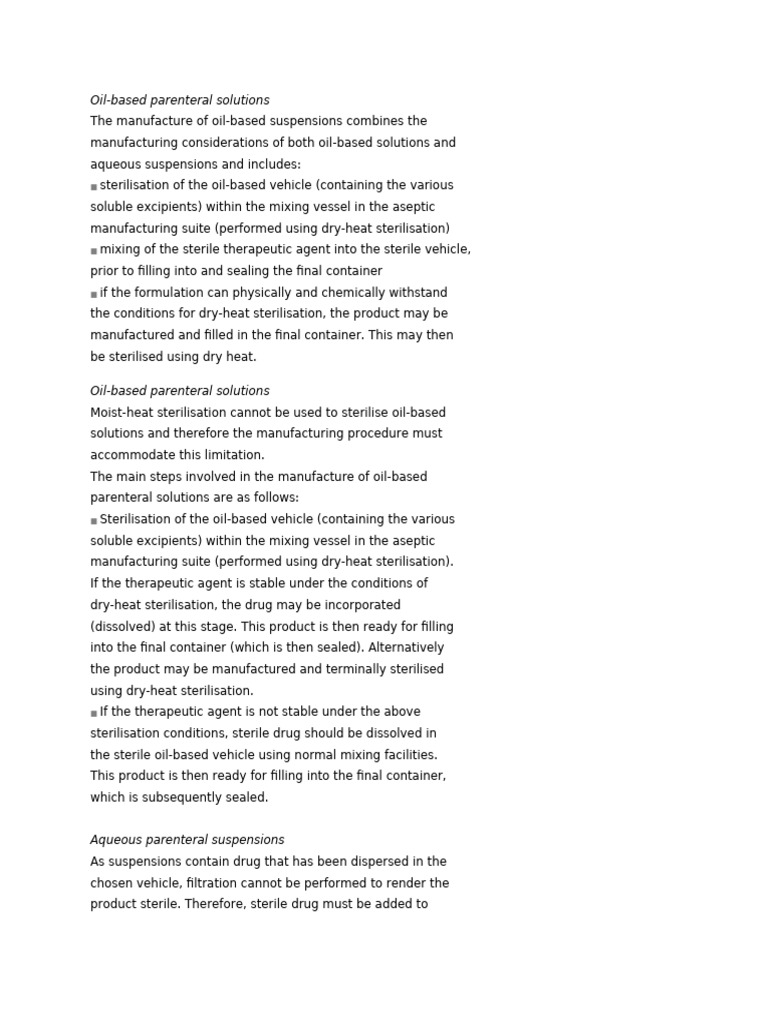Manufacturing Oil-Based Parenterals | PDF | Sterilization (Microbiology ...