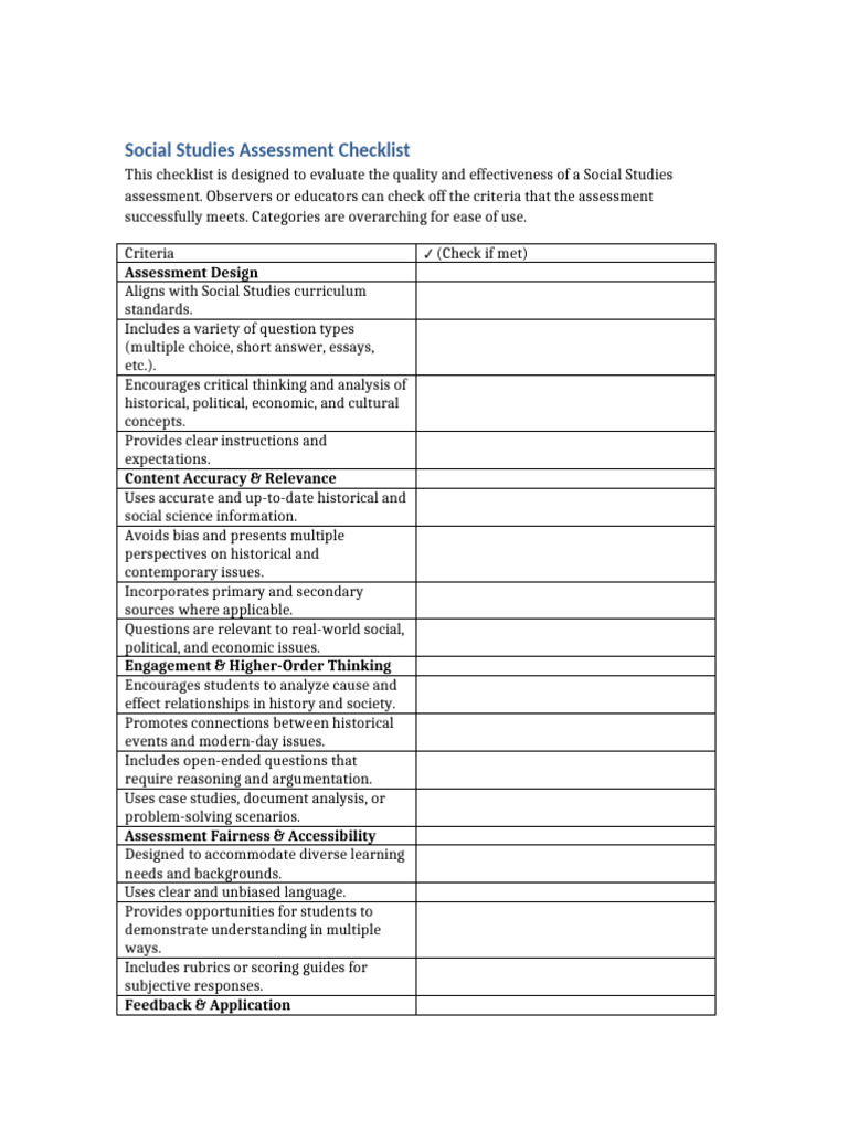 Social Studies Assessment Checklist | PDF