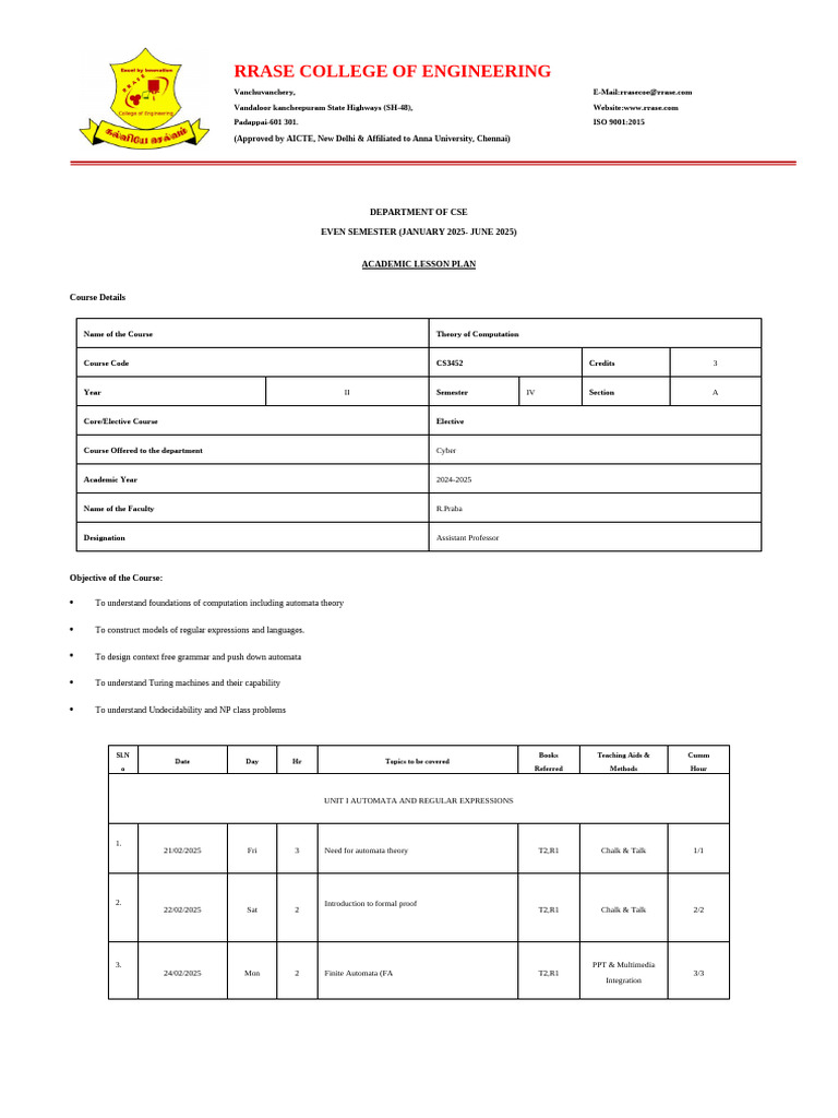 CSE Academic Plan: Theory of Computation | PDF | Theory Of Computation ...
