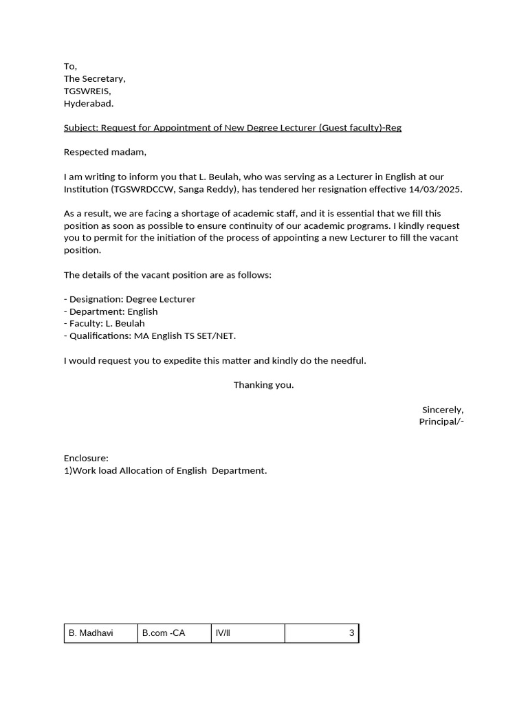 Request for New English Lecturer Appointment | PDF