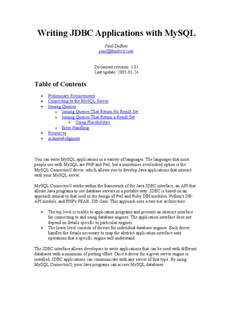 Writing JDBC Applications With MySQL | PDF | My Sql | Application ...