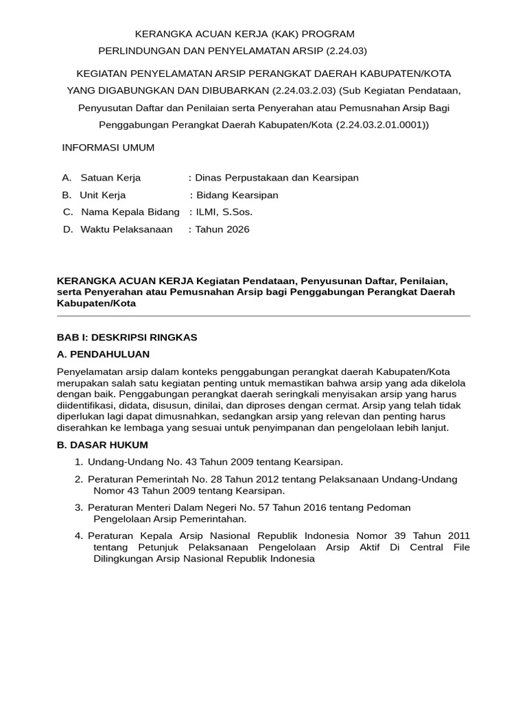 KAK Pemusnahan Arsip Penggabungan Perangkat Daerah | PDF