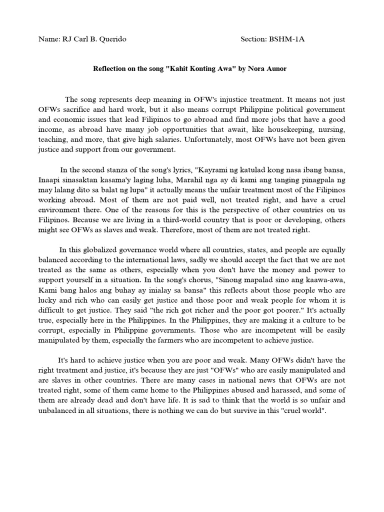 Name RJ Carl B. Querido Section BSHM-1A Reflection on the song Kahit kontin_20240918_223838_0000 ...