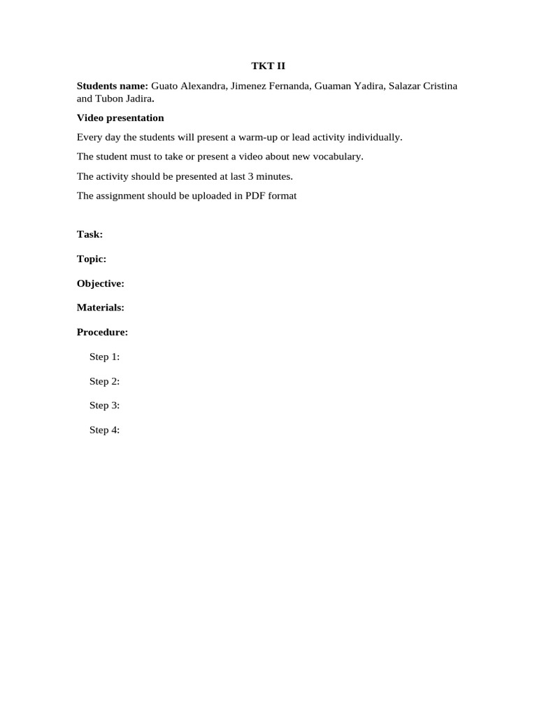 Rubric TKT II Warm Up or Lead in Presentation | PDF