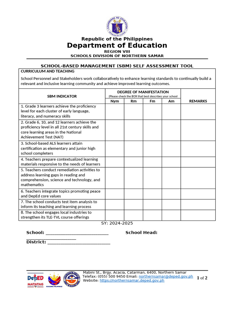 SBM Self Assessment Checklist | PDF | Teachers | Learning