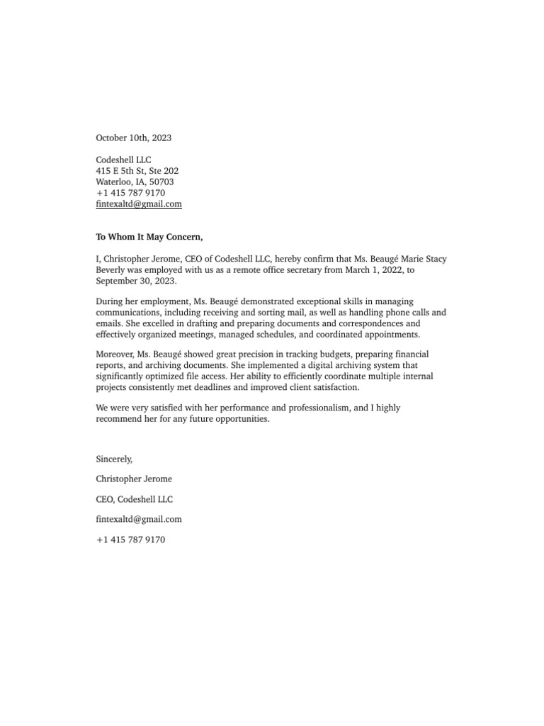 Employment Confirmation for Ms. Beaugé | PDF