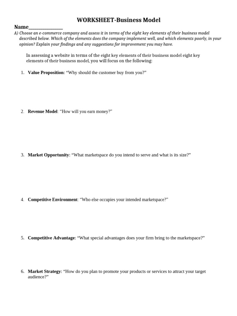 E-Commerce Business Model Assessment Worksheet | PDF