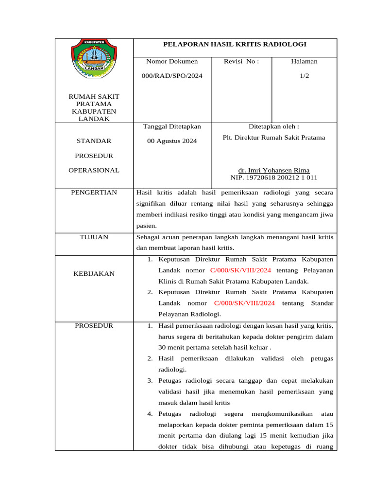 RSP - SPO - AP - 113 - SPO - Pelaporan Hasil Kritis | PDF