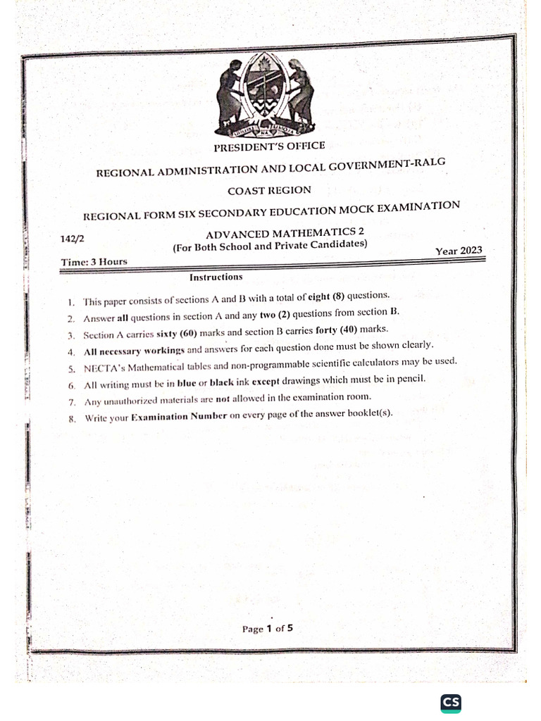 Form Six Mock Pwani Adv. Maths 2 | PDF