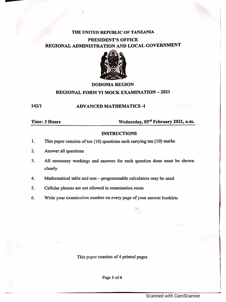 Adv - Math 1&2 & Bam, Mock Dodoma | PDF
