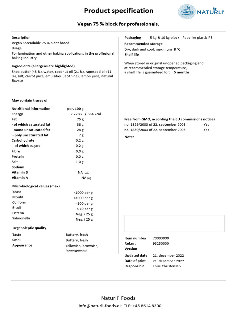 Naturli Vegan Block Ingredients Overview | PDF | Fat | Nutrition Facts ...