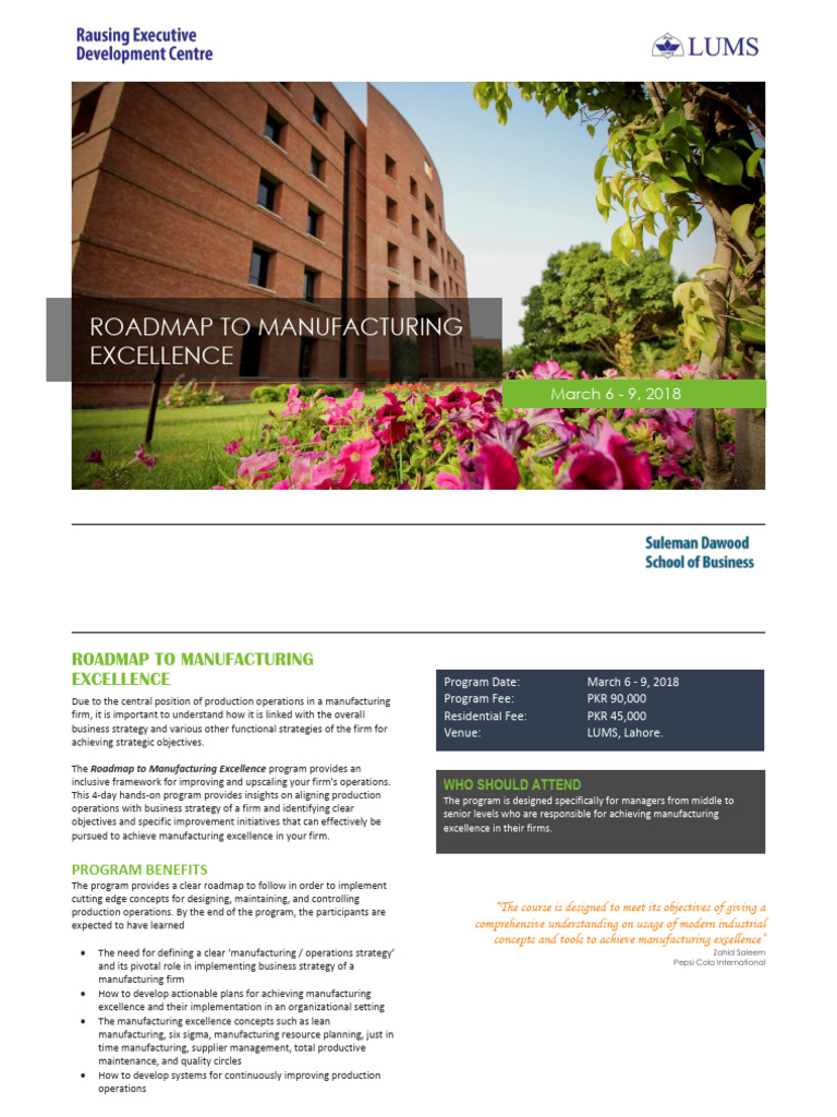 LUMS Brochure-ROADMAP TO MANUFACTURING EXCELLENCE | PDF | Strategic Management | Fee