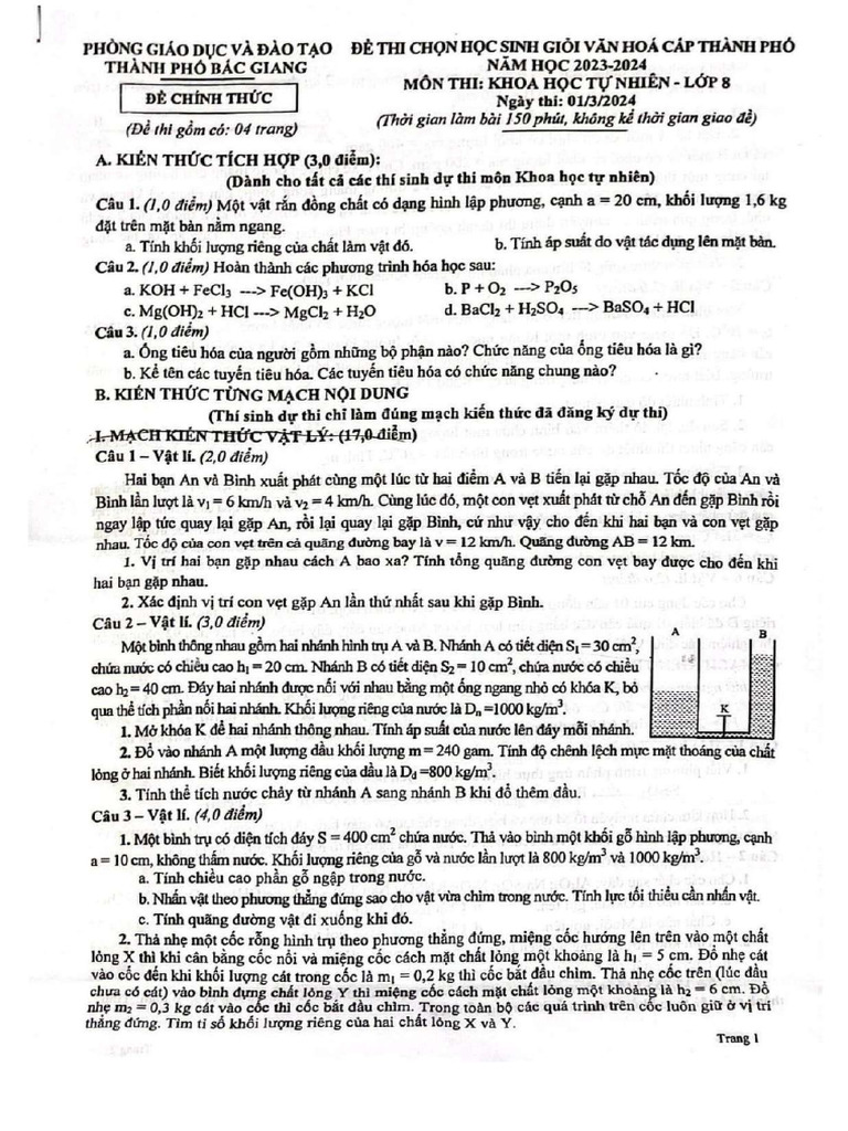 Hsg Khtn 8 Bắc Giang 2023-2024 3 Phần PDF | PDF