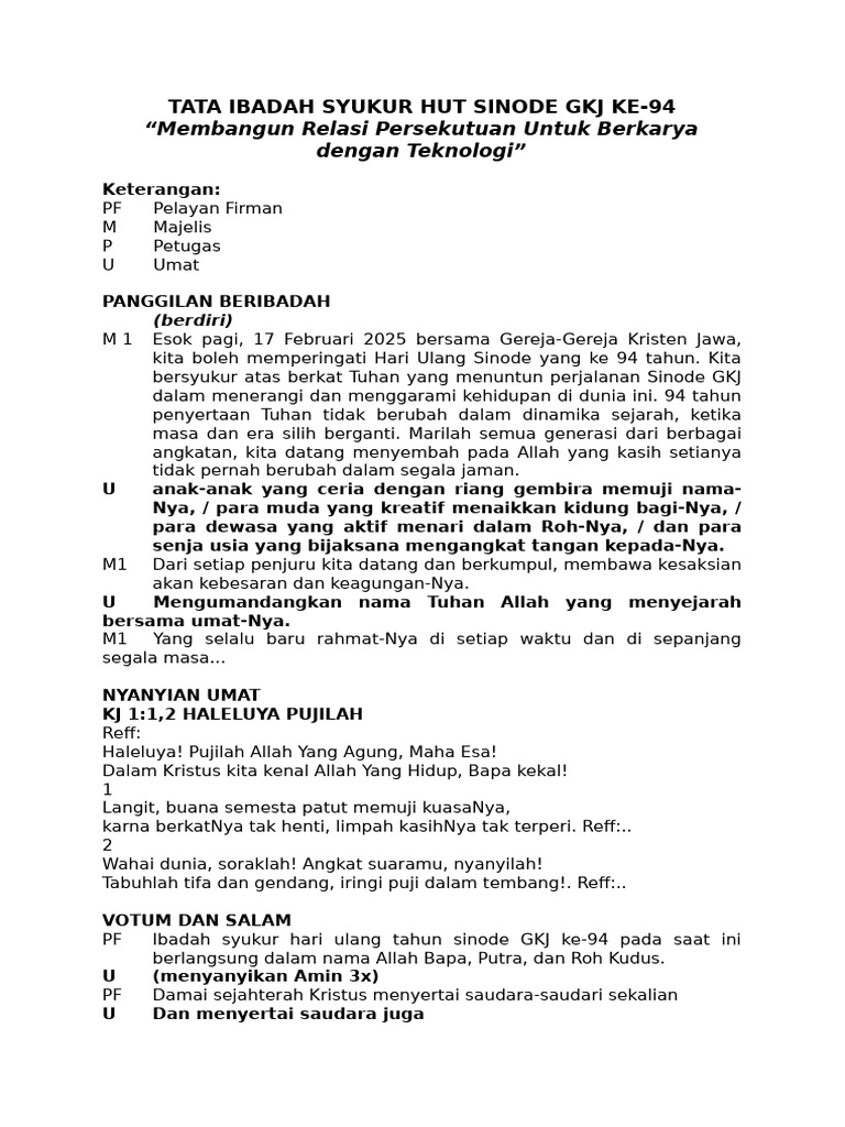 Liturgi Syukur Hut Sinode GKJ Ke 94 | PDF
