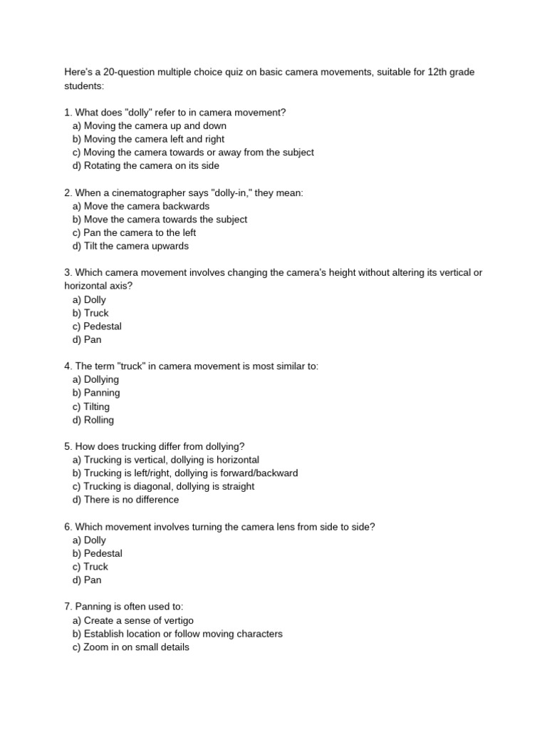Basic Camera Movements 12 - Quiz | PDF | Rotation | Camera