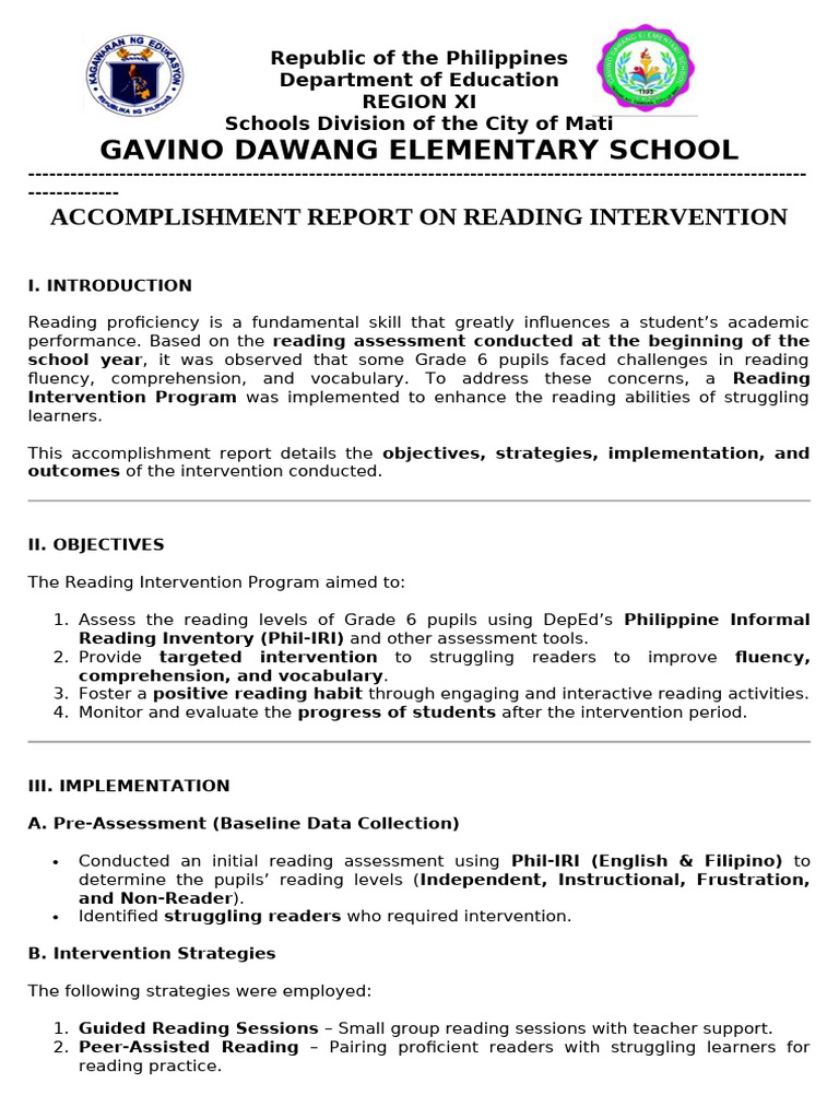 Accomplishment Report On Reading Intervention | PDF | Reading Comprehension | Psycholinguistics