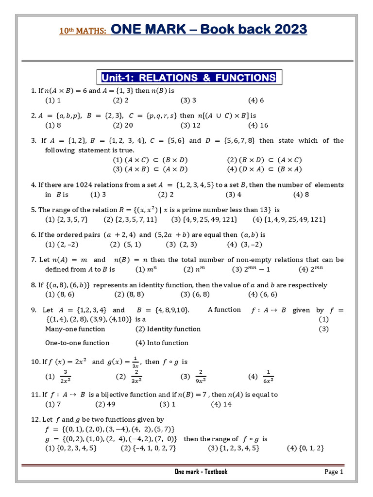 10 Maths1 Mark EM Bookback | PDF | Function (Mathematics) | Functions And Mappings