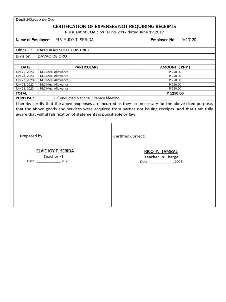 Certification of Expenses Not Requiring Receipts | PDF