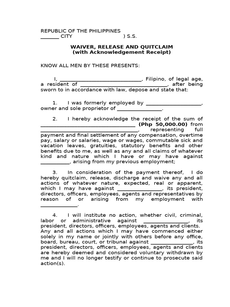 Waiver Quitclaim (ROSE) | PDF | Affidavit | Employment