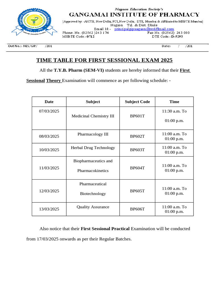 Sessional Exam. Time-Table | PDF | Pharmacognosy | Life Sciences