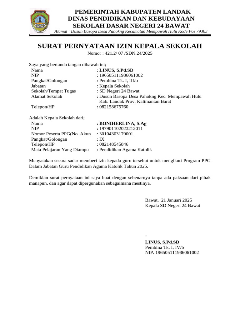 SURAT PERNYATAAN IZIN KEPALA SEKOLAH BU BONI | PDF