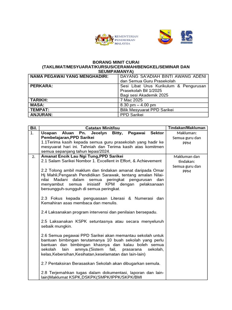 2025 MINIT CURAI Taklimat Pengurusan Prasekolah Bil 1 Bersama Guru ...